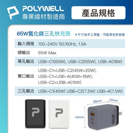 POLYWELL 65W三孔PD快充頭 2024新款 雙C＋USB充電器 GaN氮化鎵 BSMI 寶利威爾 台灣現貨 - 線上購買 | 好買市集(原Hami市集)